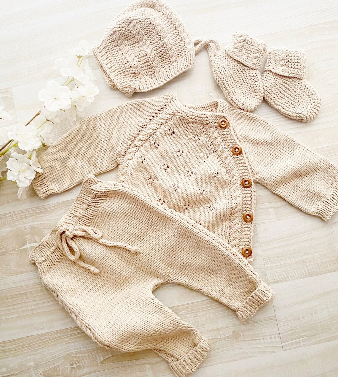 Hand Knitted Organic Cotton Baby Outfit: 4-piece Sweater Set - Etsy
