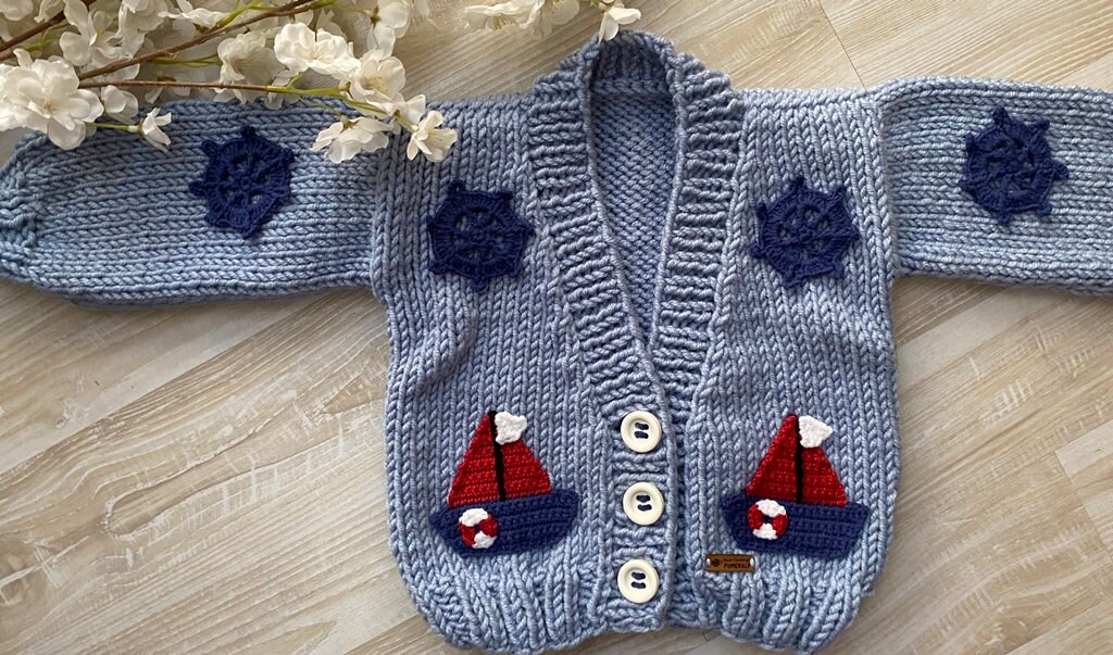 Knitted Baby Cardigan Sailor Cardigan Hand Knitted Baby Jacket Newborn ...