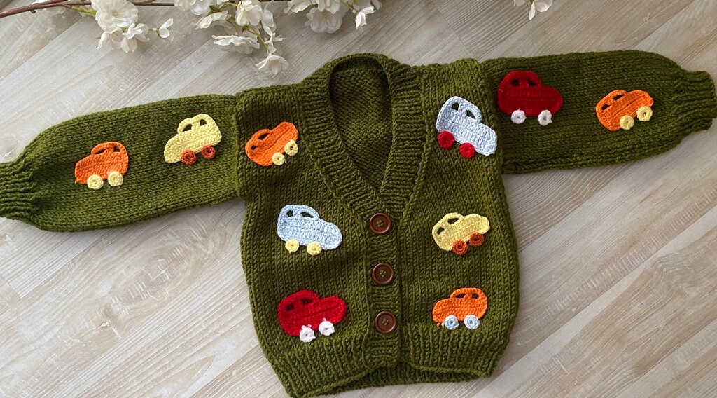 Knitted Baby Cardigan Hand Knitted 3D Car Embroidered Baby Cardigan ...