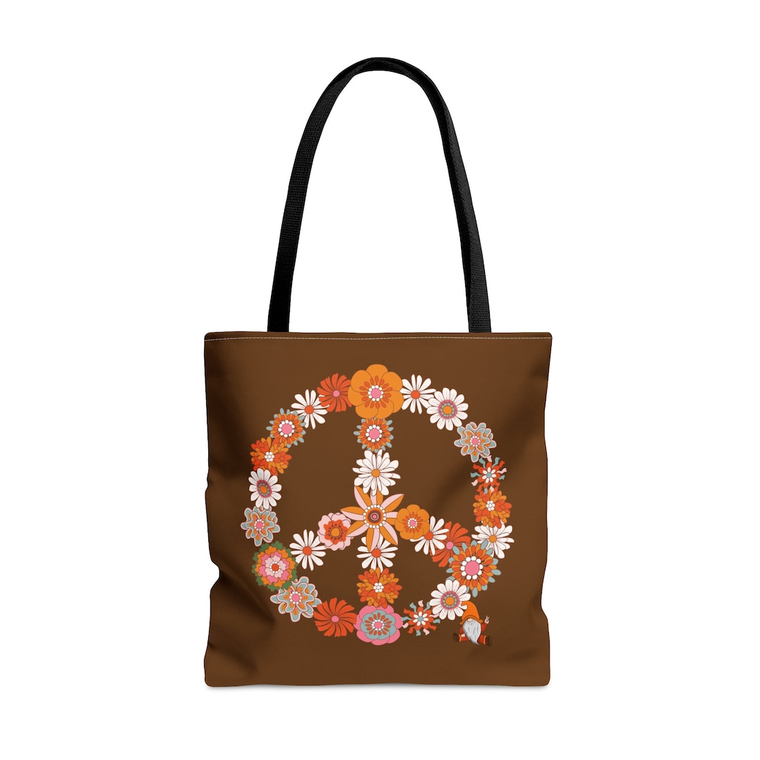 Peace Gnome Floral Tote Bag, Peace Sign Bag, Peace Tote Bag, Fall ...