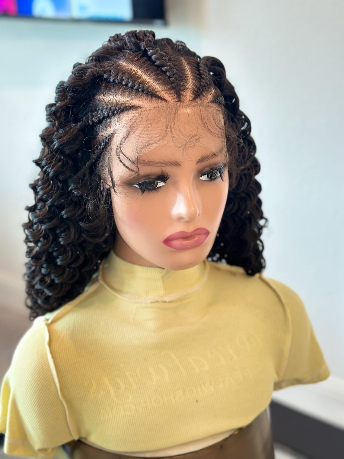 Lushwigss 16" Black Cornrow Wig Lace Frontal Curly Wig Handmade* Made ...