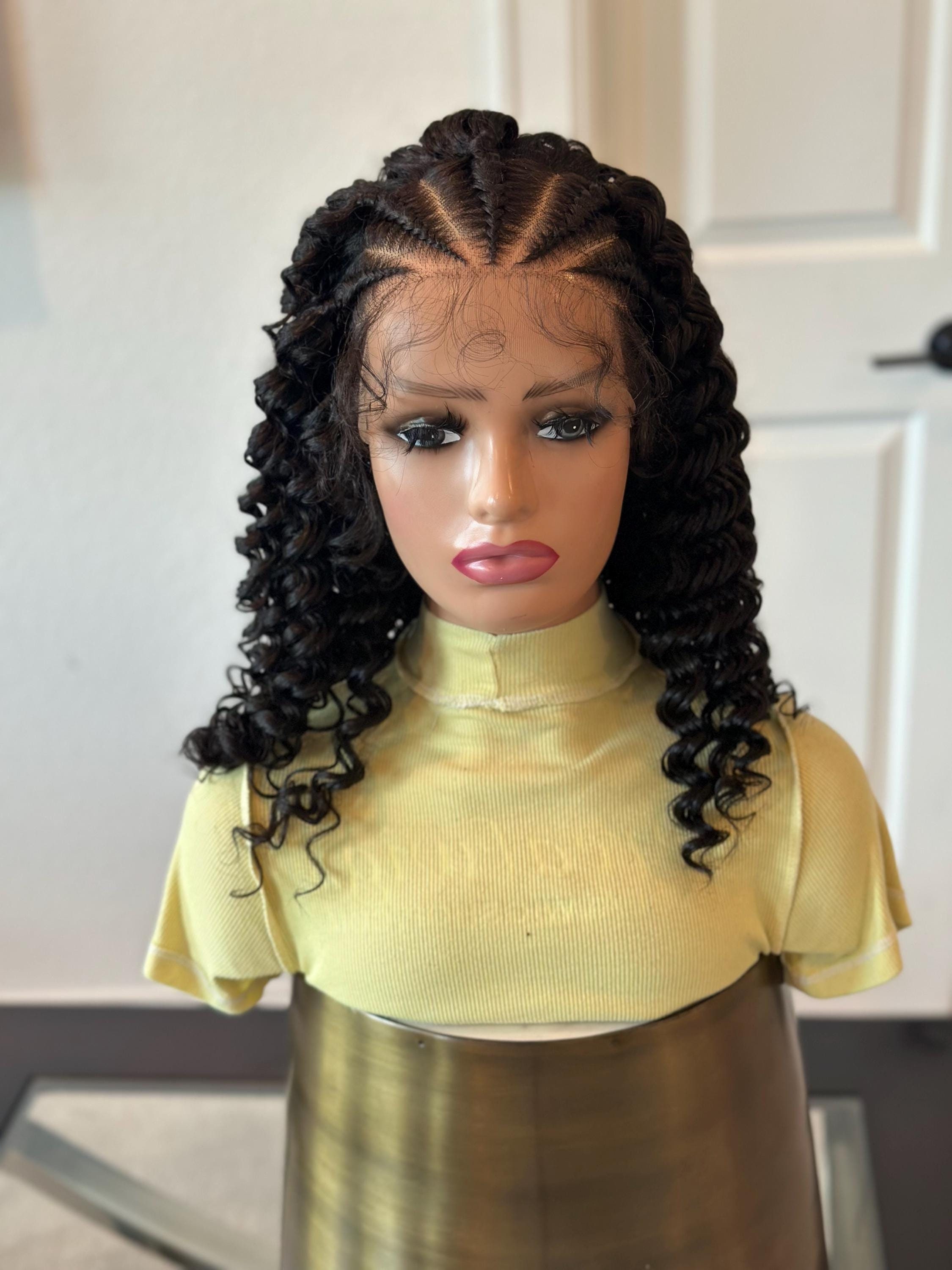 Lushwigss 16" Black Cornrow Wig Lace Frontal Curly Wig Handmade* Made ...