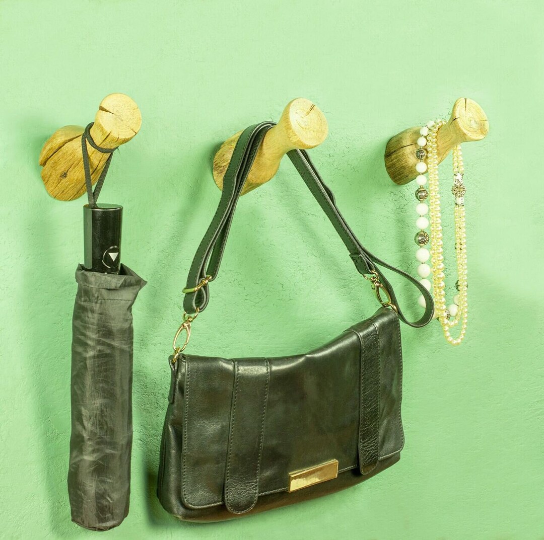 Wooden Oak Hook Set of 3, Log Hanger, Real Natural Branch, Dot Hooks ...