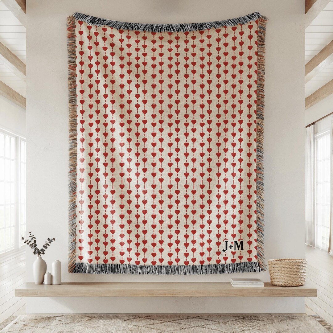 Personalized Woven Throw With Initials, Red Heart Valentine Gift for ...