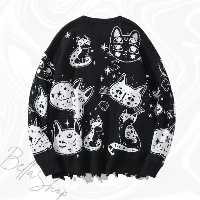 Oversized Gothic Knitted Sweater, Kawaii Cat Graphic Design, Hip Hop ...