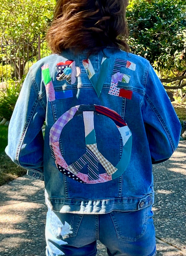 Peace and Love Upcycled Distressed Denim Jacket With Quilt Patches SIZE ...