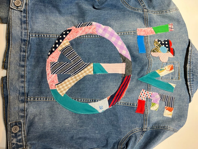 Peace and Love Upcycled Distressed Denim Jacket With Quilt Patches SIZE ...