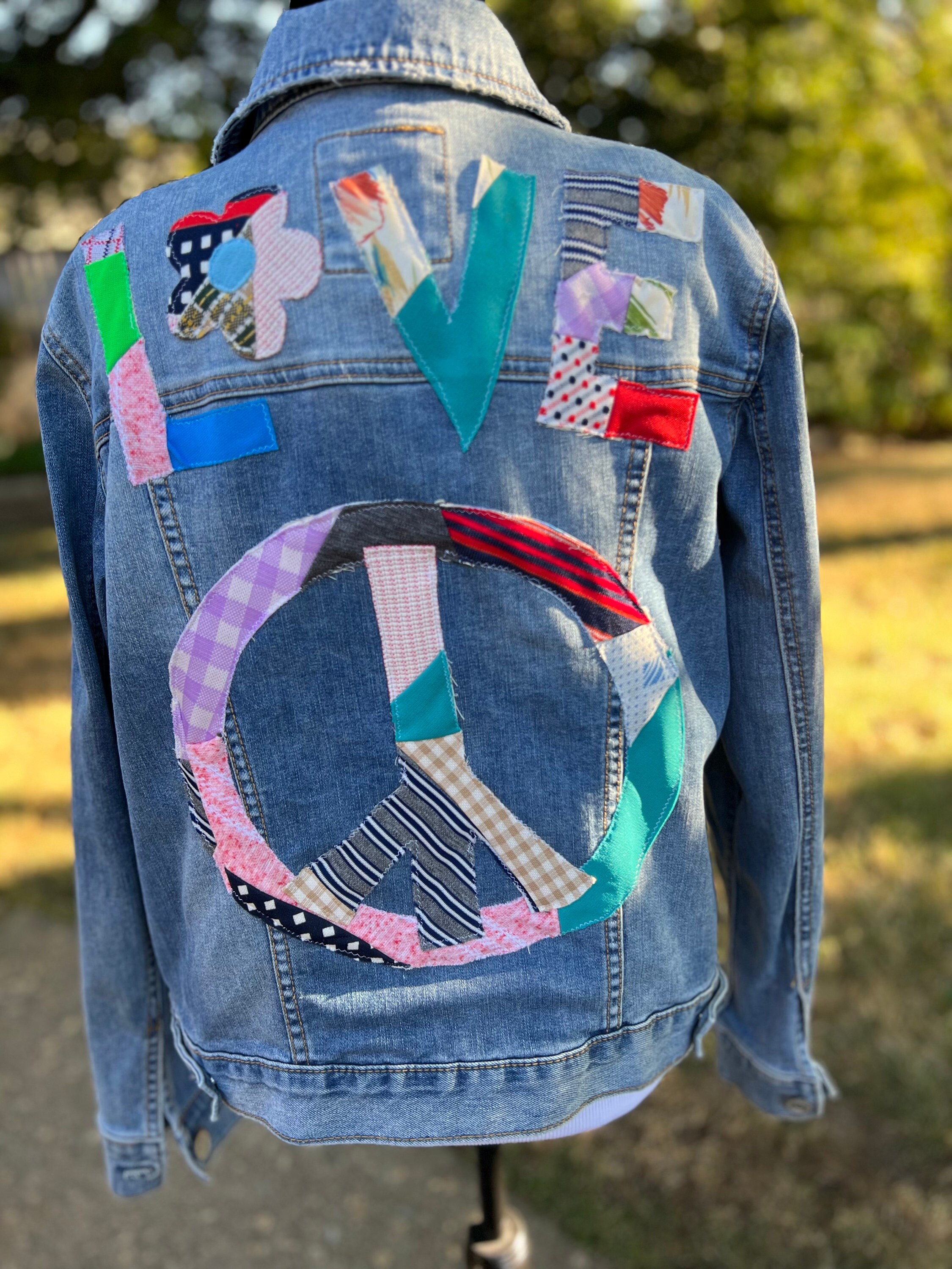 Peace and Love Upcycled Distressed Denim Jacket With Quilt Patches SIZE ...