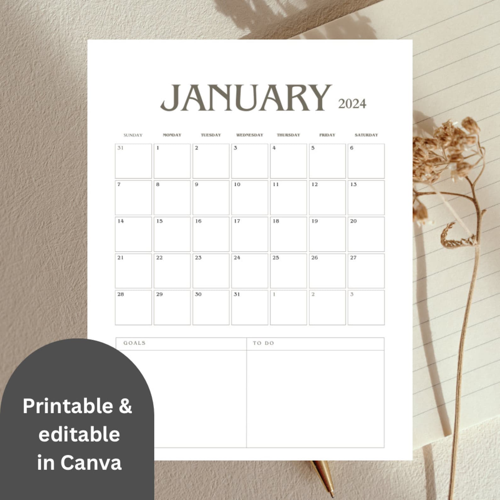 2024 Monthly Calendar Vertical Printable Calendar Template Minimalist ...