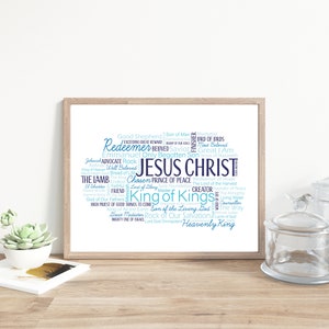Names of Jesus Christ Word Cloud Shades of Blue Christian Digital Wall ...