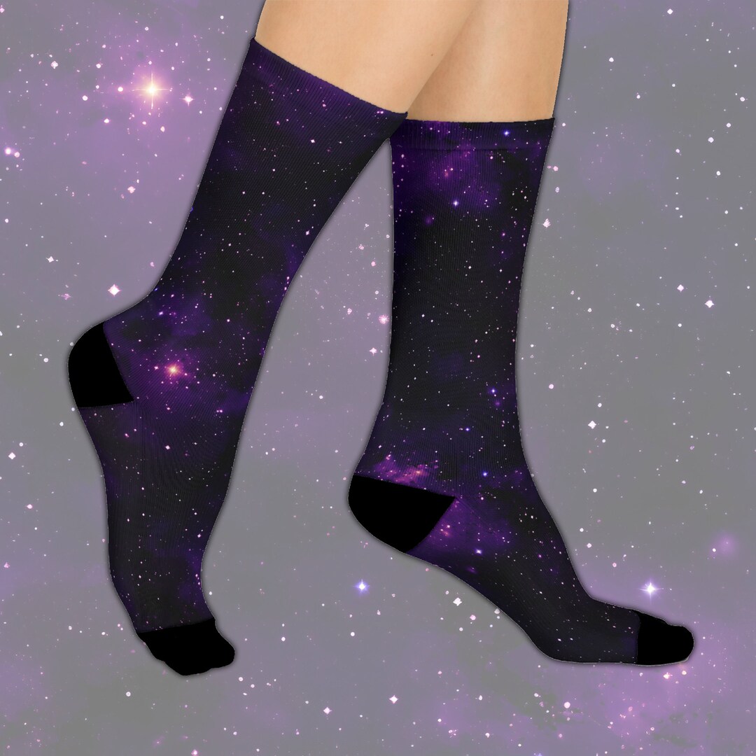 Dark Purple Space Cushioned Crew Socks - Celestial Galaxy Deep Space Socks Gift (fits Women's US ...