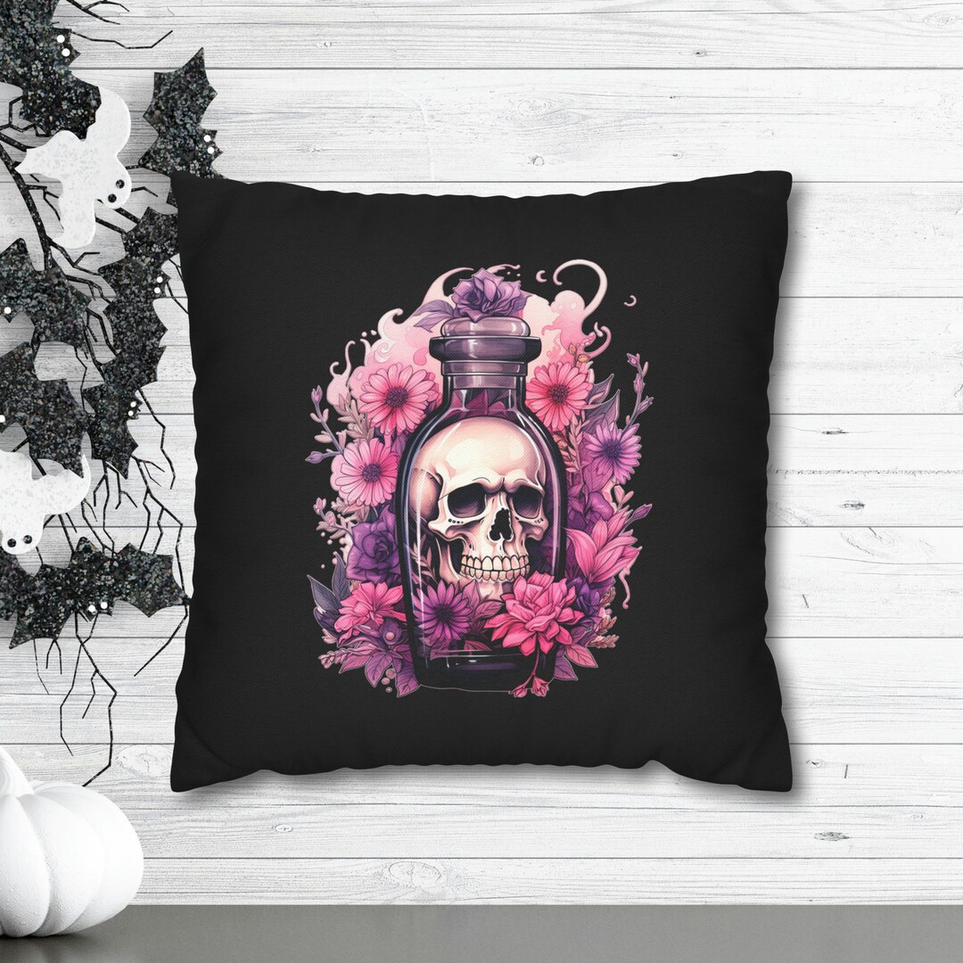 Skull in Witches Potion Bottle Halloween 14 X 14 Black Spun Polyester ...