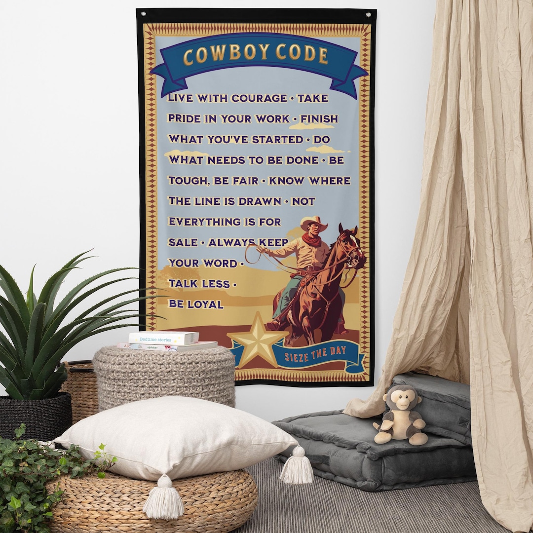 Cowboy Code Flag Wall Hanging for Boys Room Teach Manners Life Lessons Stoic Christian ...