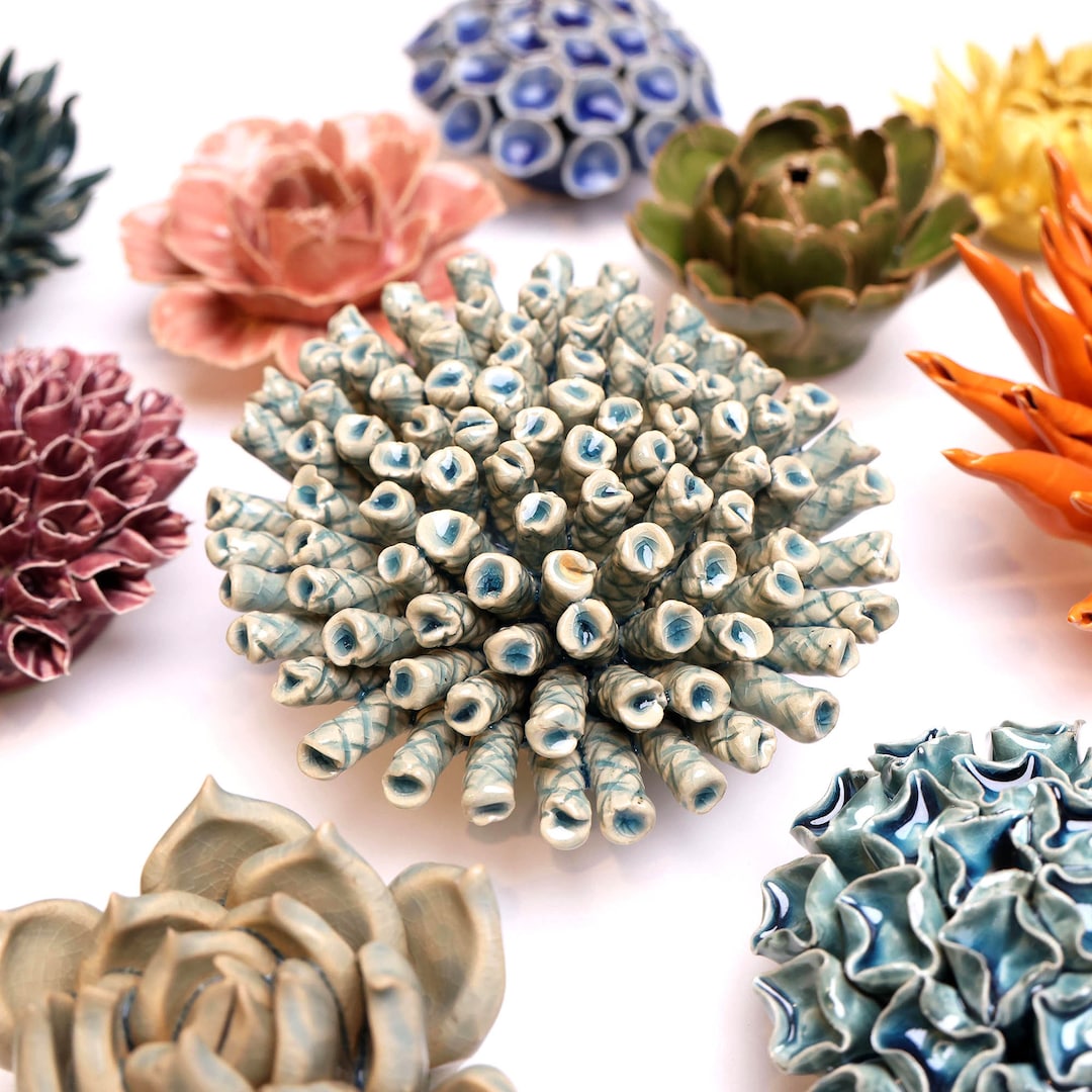 Ceramic Flowers Wall Art, Blue Flower Wall Art, Ceramic Wall Art ...