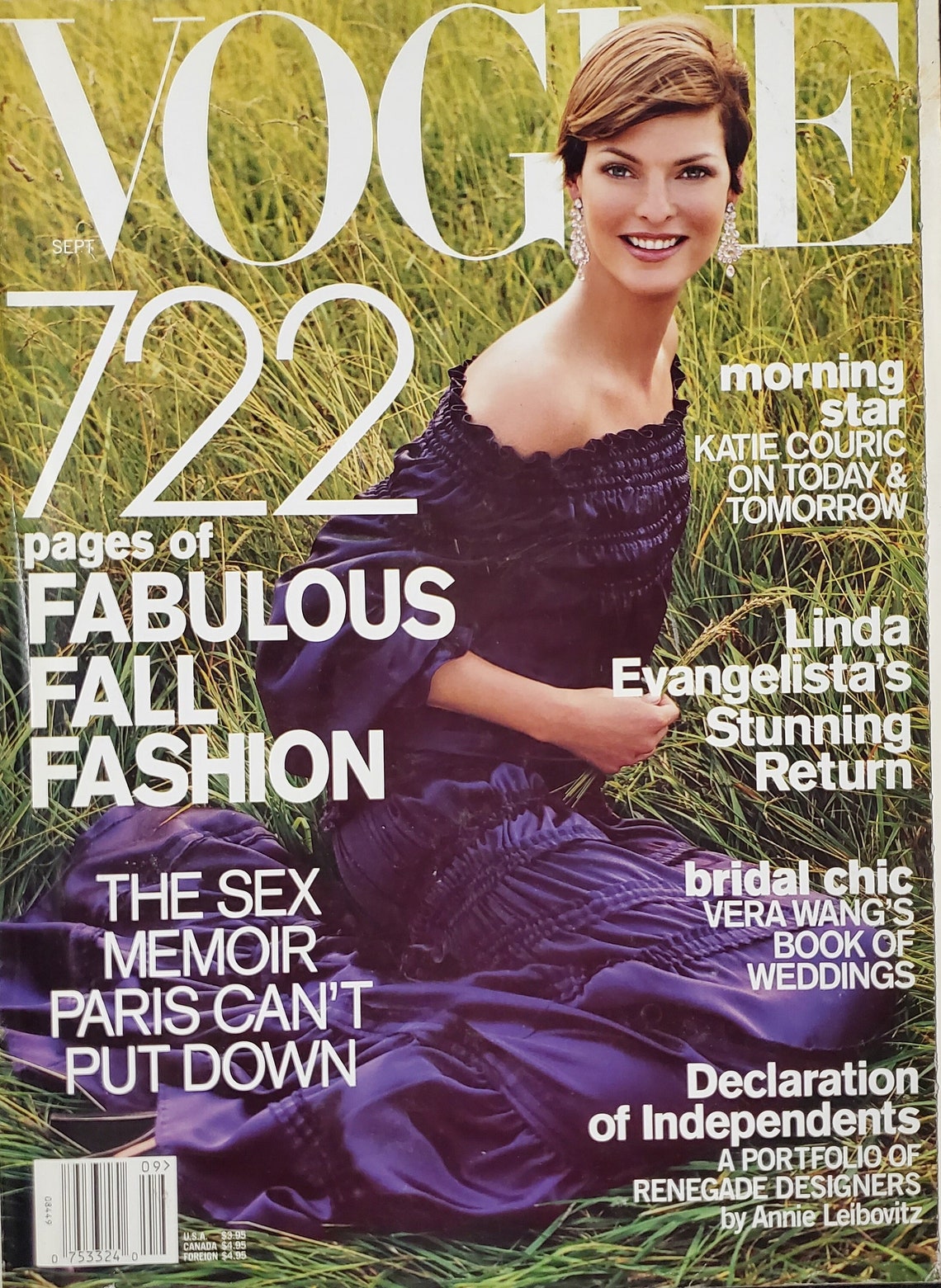 Vintage Vogue Magazine September 2001 Linda Evangelista Cover - Etsy