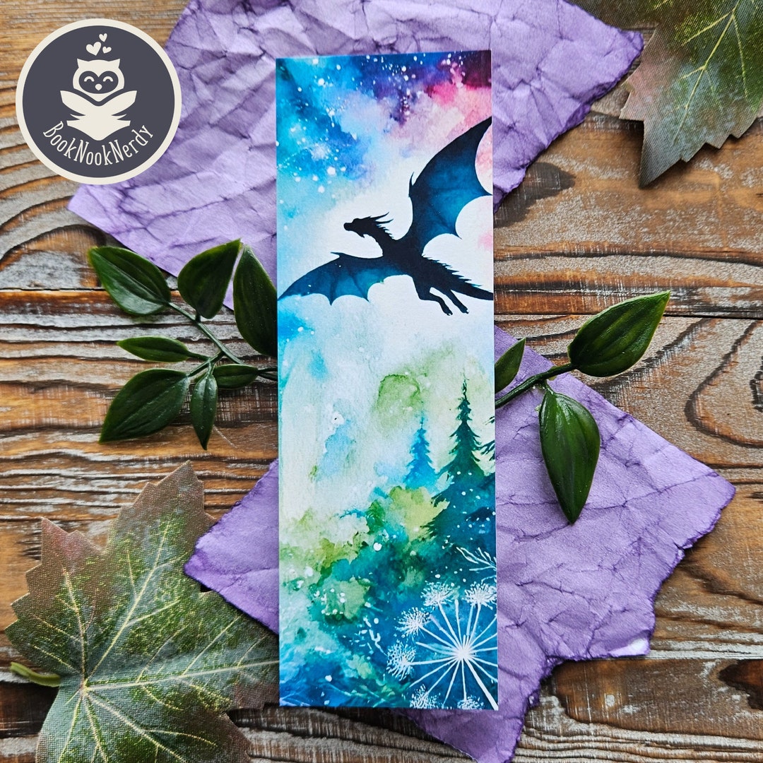 Fantasy Dragon Bookmark | Watercolor Night Sky Dragon Bookmark ...