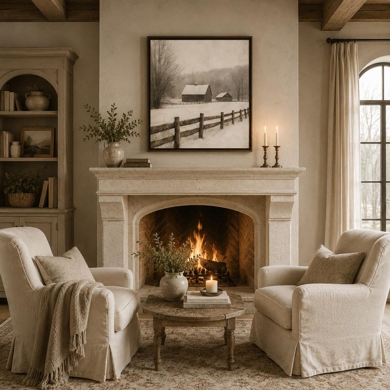 Snowy Barn Wall Art Canvas, Winter Farm Landscape Print, Rustic Country ...