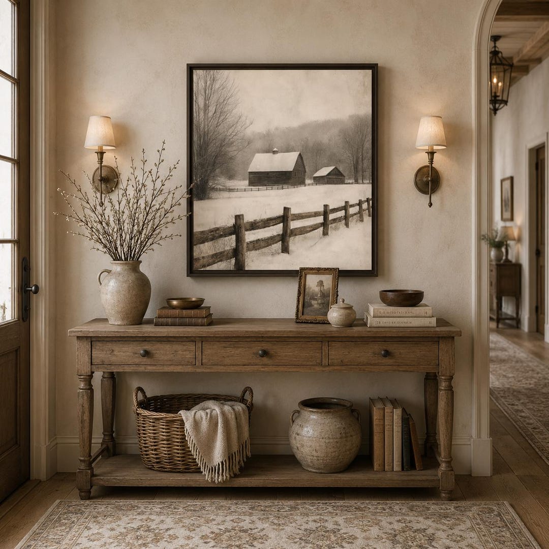 Snowy Barn Wall Art Canvas, Winter Farm Landscape Print, Rustic Country ...