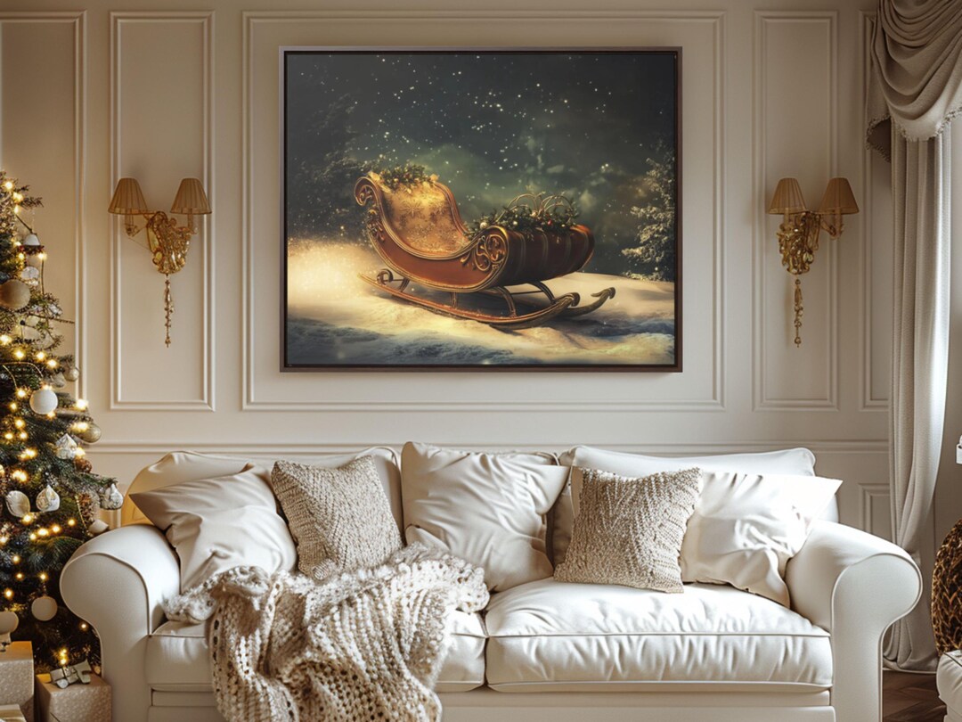 Santa Claus Sleigh Framed Canvas Vintage Christmas Wall Art Canvas ...