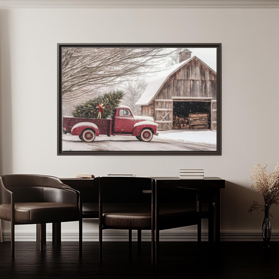 Christmas Truck Wall Art Large Holiday Print Barn Background Winter ...