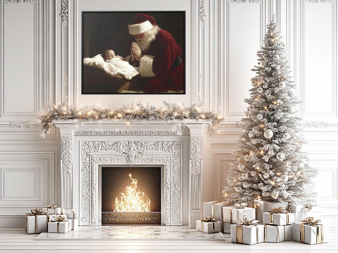Santa Claus and Baby Jesus Framed Canvas Print Vintage Father Christmas ...