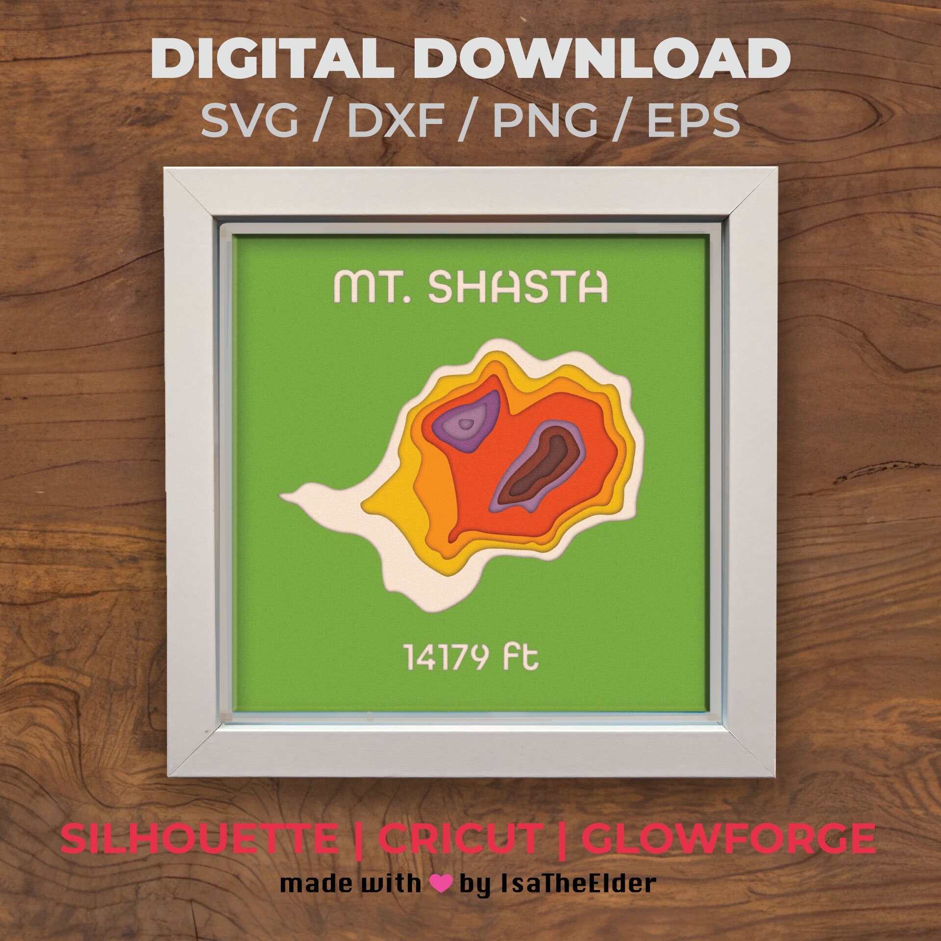 Mt. Shasta Topographic Art Shadow Box SVG, DXF, Eps, PNG Digital ...