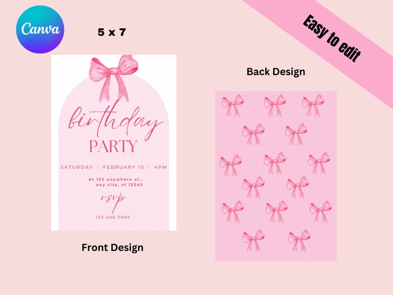 Pink Bow Birthday Invitation - Etsy