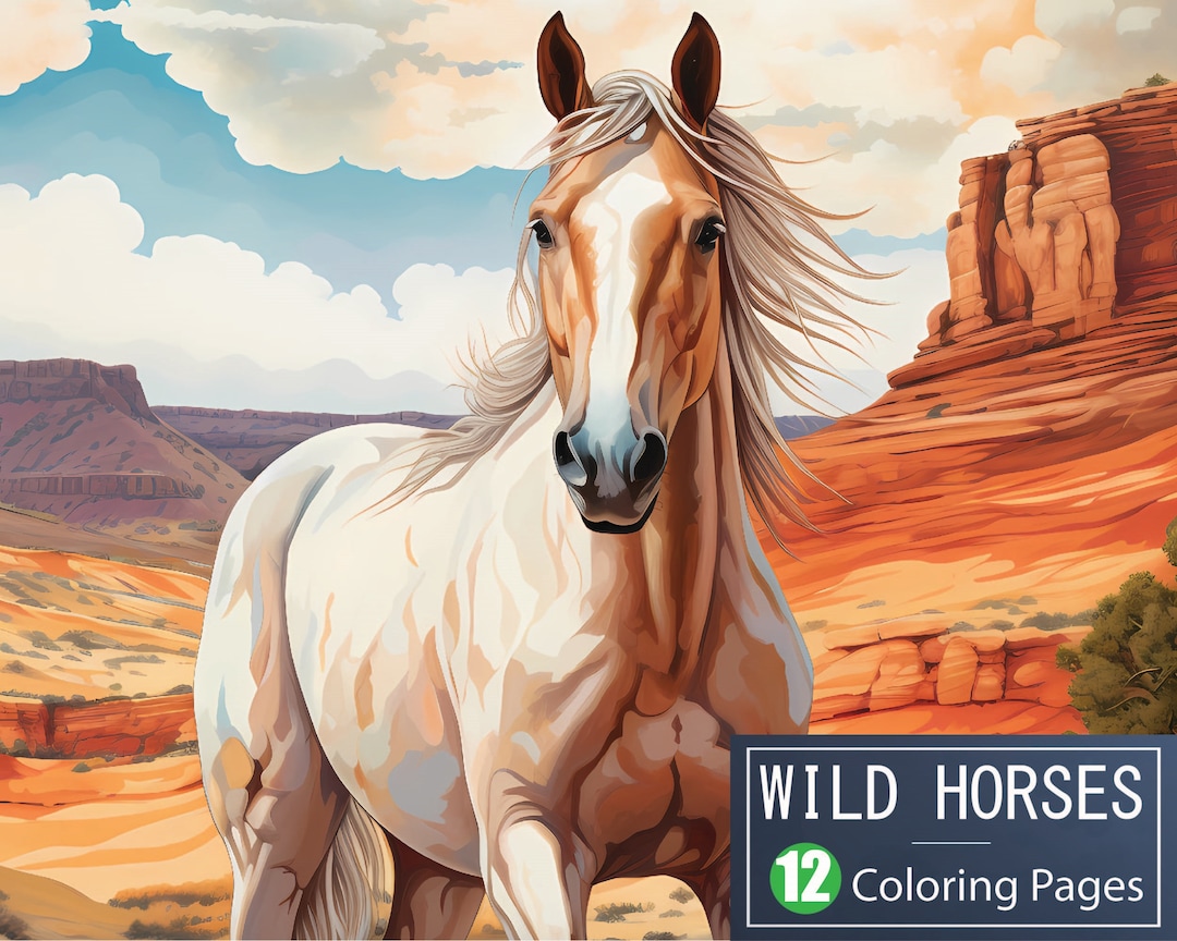 Wild Horses Coloring Book, 12 Premium Wild Horses Cute Themed Pages, A4 ...