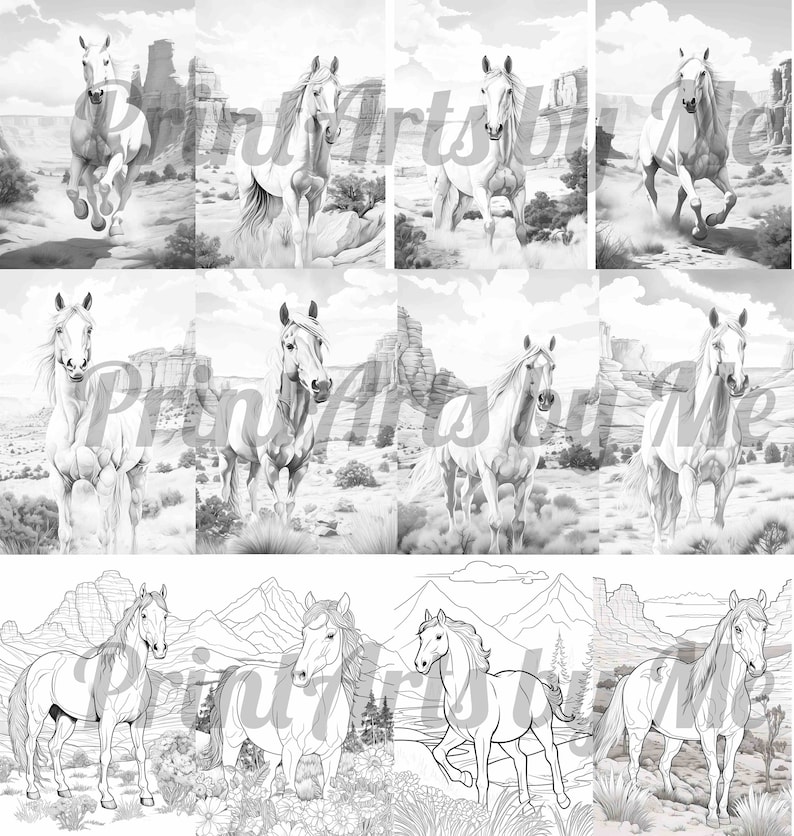 Wild Horses Coloring Book, 12 Premium Wild Horses Cute Themed Pages, A4 ...