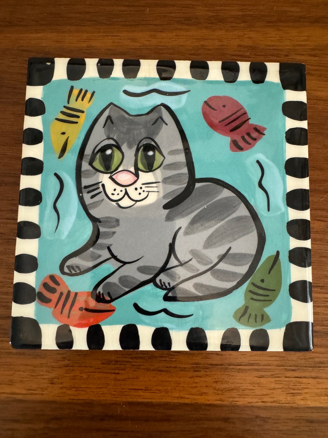 Decorative Cartoon Cat Tile Gray Tabby With Fish 6” - Etsy