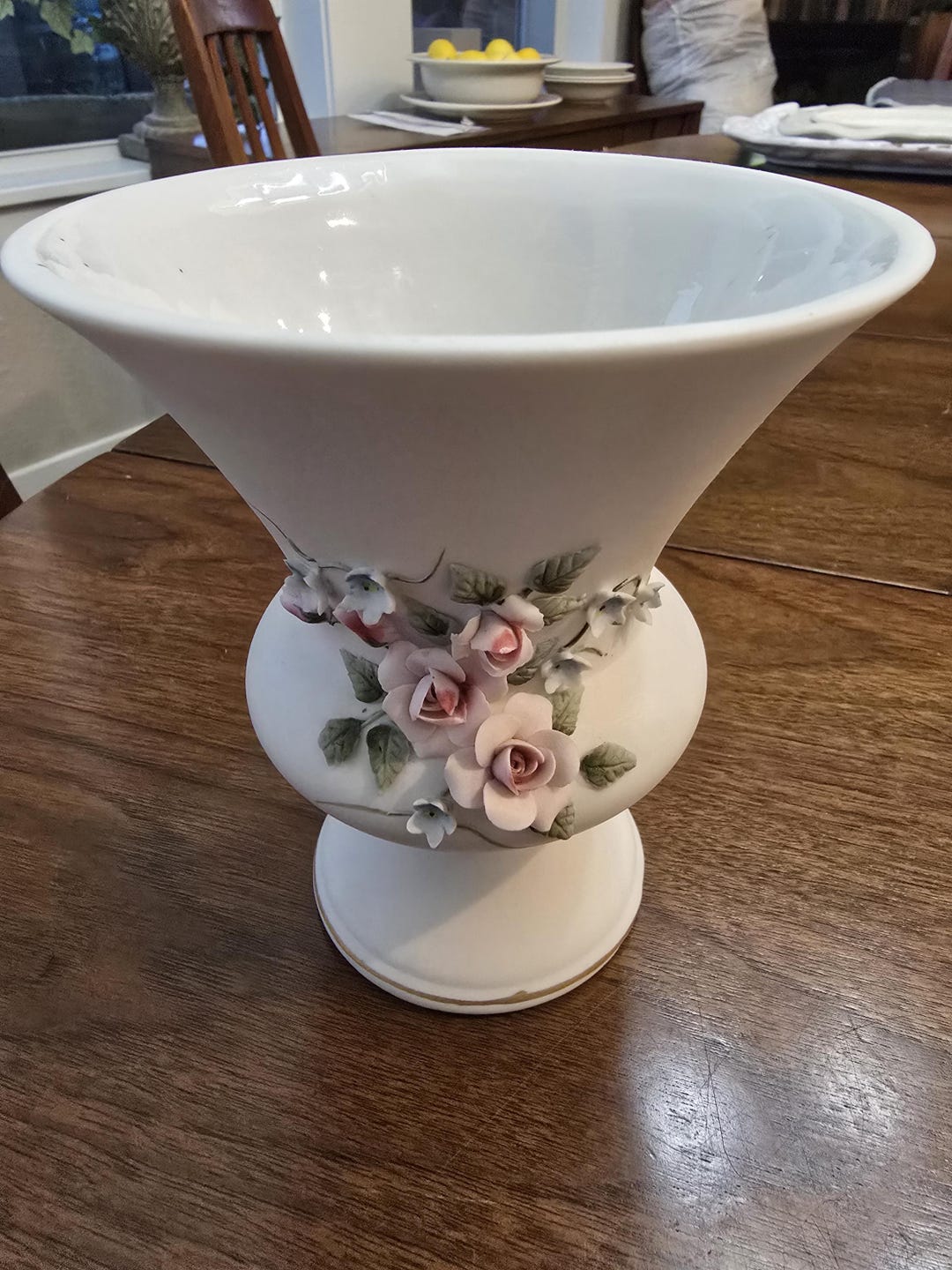 Vintage Lefton Bisque Porcelain Vase, Sculpted Pink Roses, Tiny Blue ...
