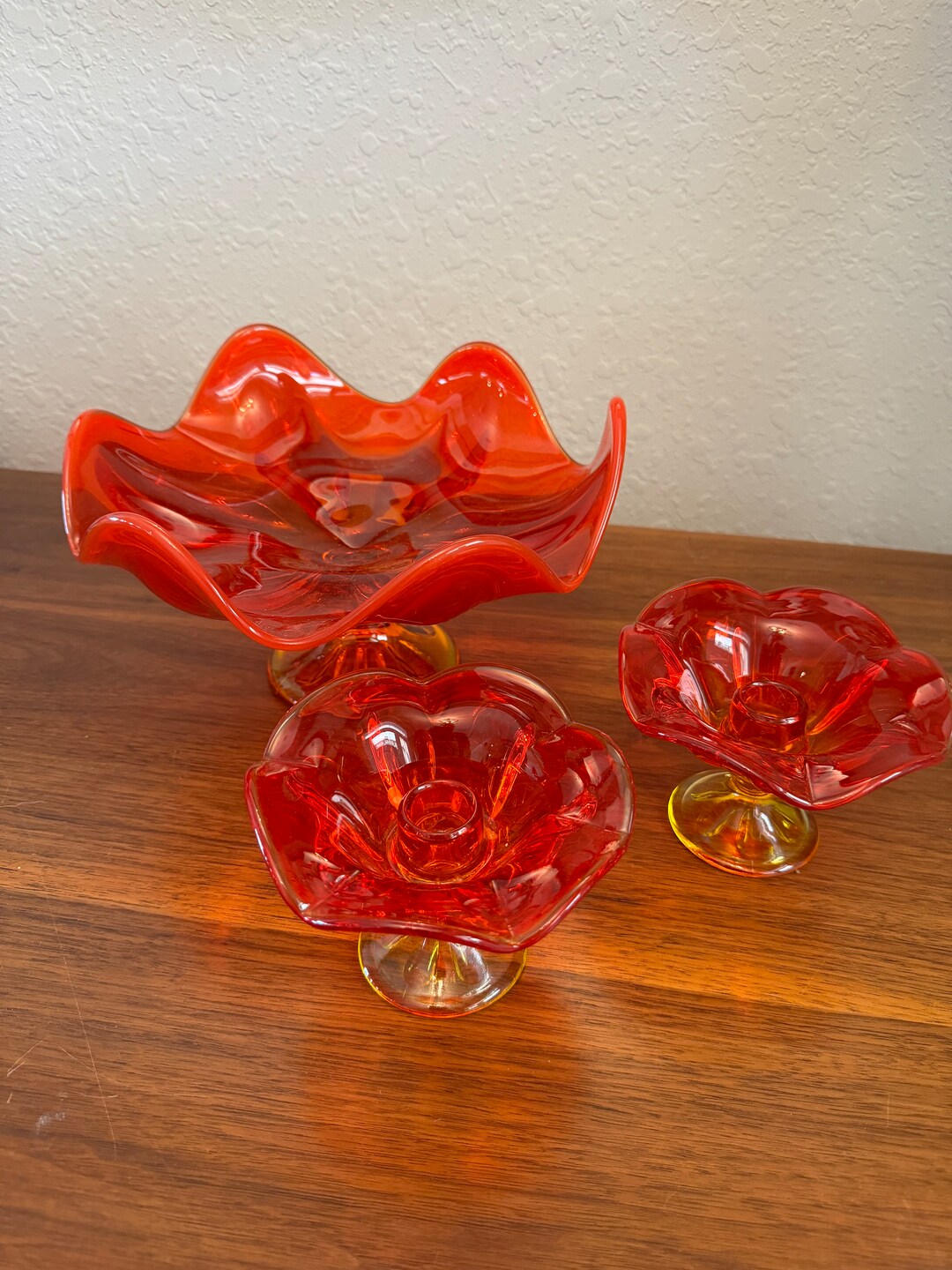 Viking Amberina Atomic Orange 6 Petal Console Set Bowl & Candlesticks ...