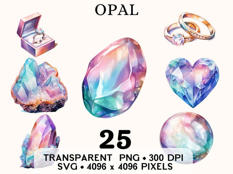 Opal Clipart Watercolor Gemstone October Birthstone, Blue Healing Gem ...