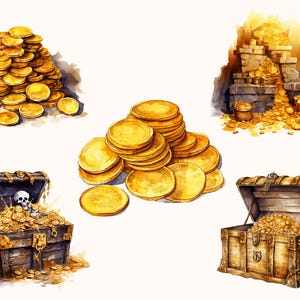 Gold Clipart Watercolor Coin Pirate Treasure, Gold Nugget Art, Wedding ...