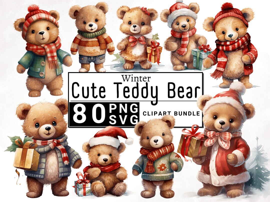 Cute Teddy Bear Clipart, Watercolor Christmas Bear, Winter Holiday Clip ...