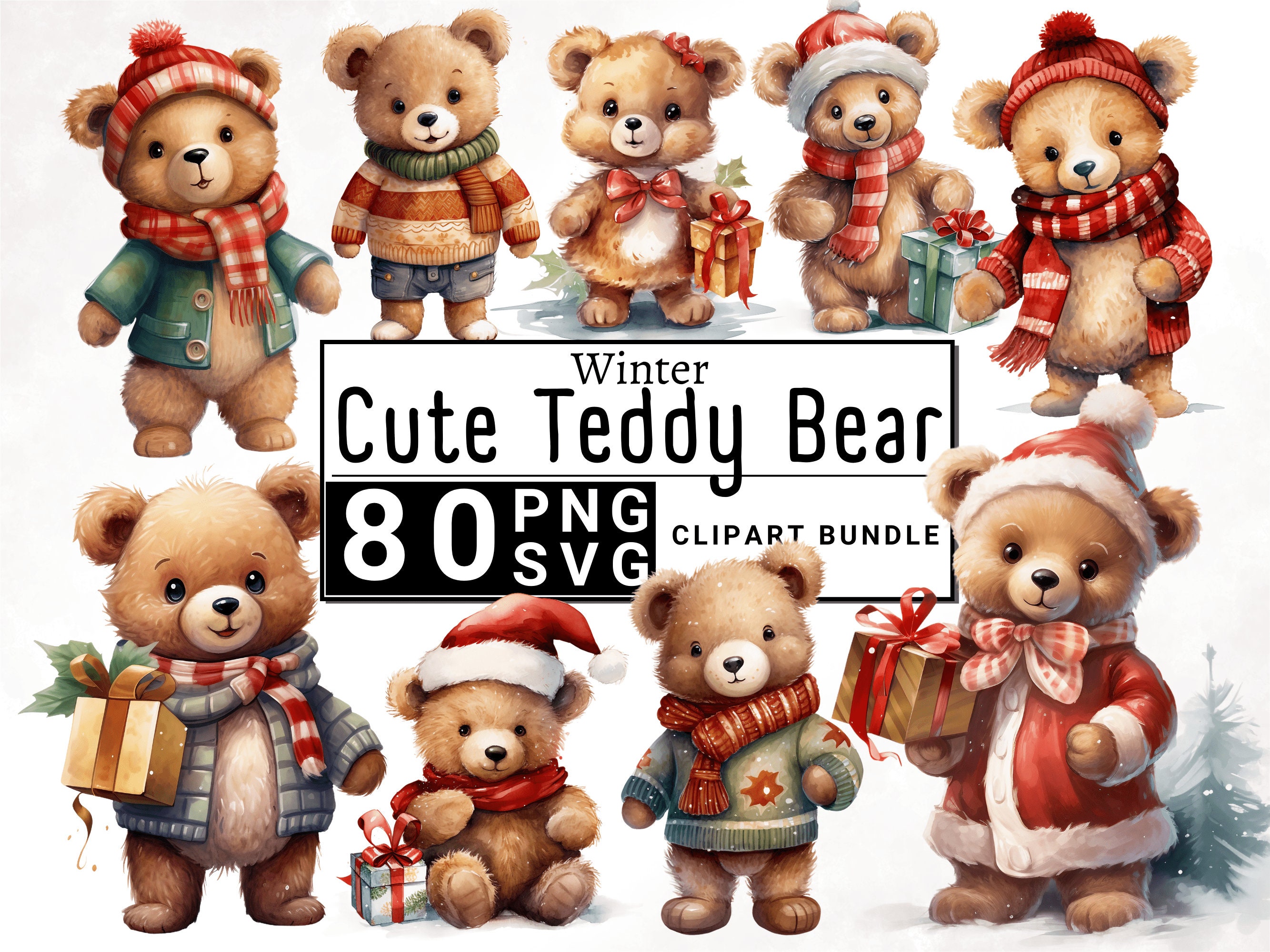 Cute Teddy Bear Clipart, Watercolor Christmas Bear, Winter Holiday Clip ...
