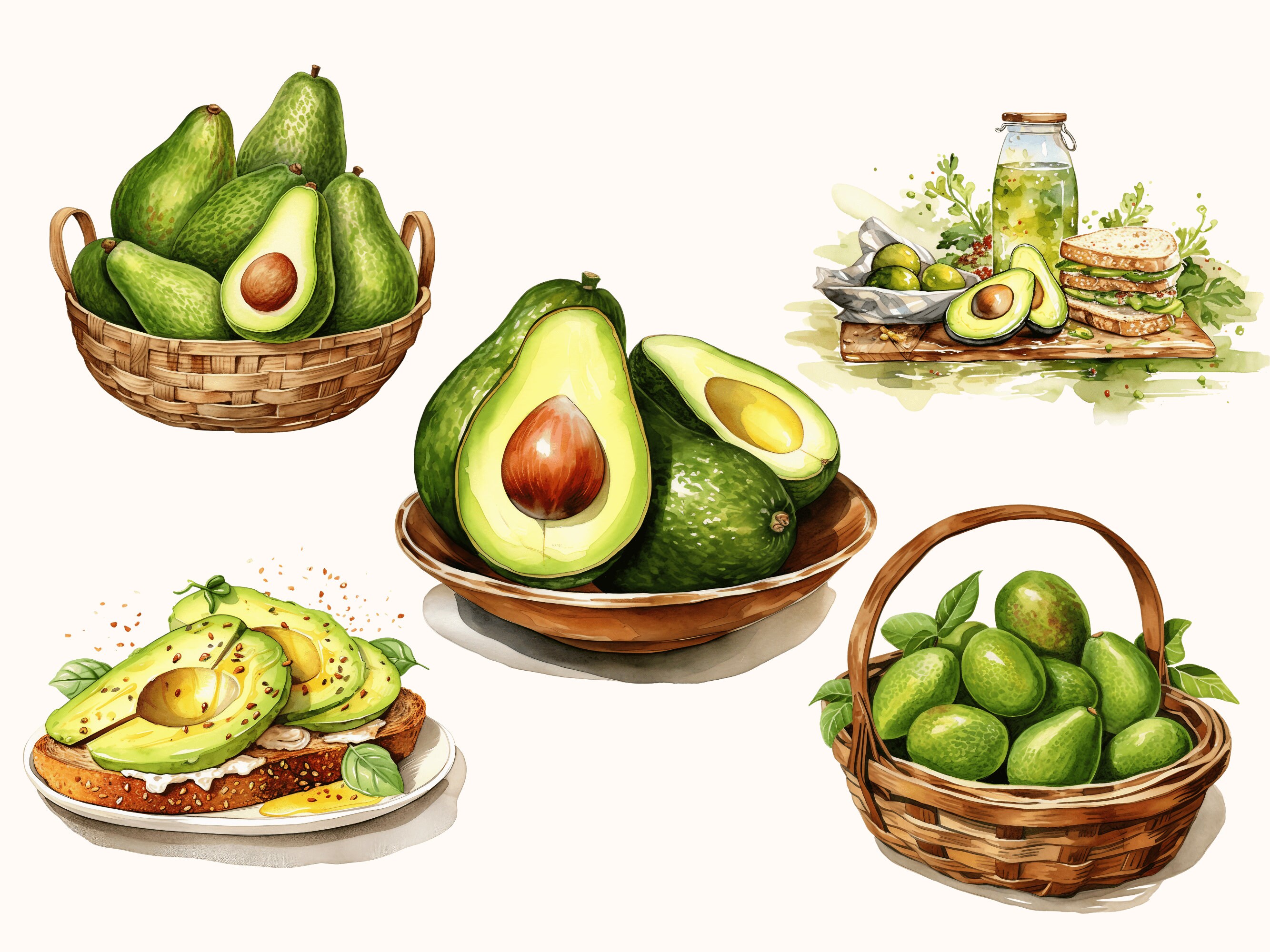 Avocado Clipart, Fruit Watercolor Avocado Basket Clip Art, Exotic Food ...