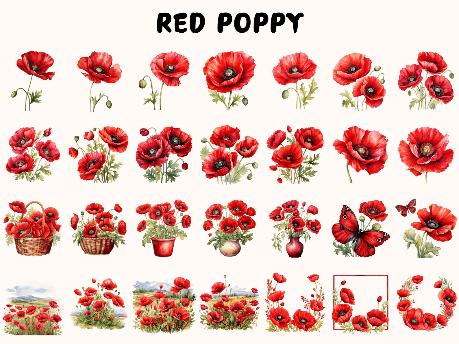 Poppy Clipart, Cute Spring Red Wild Flower Watercolor Clip Art, Floral ...