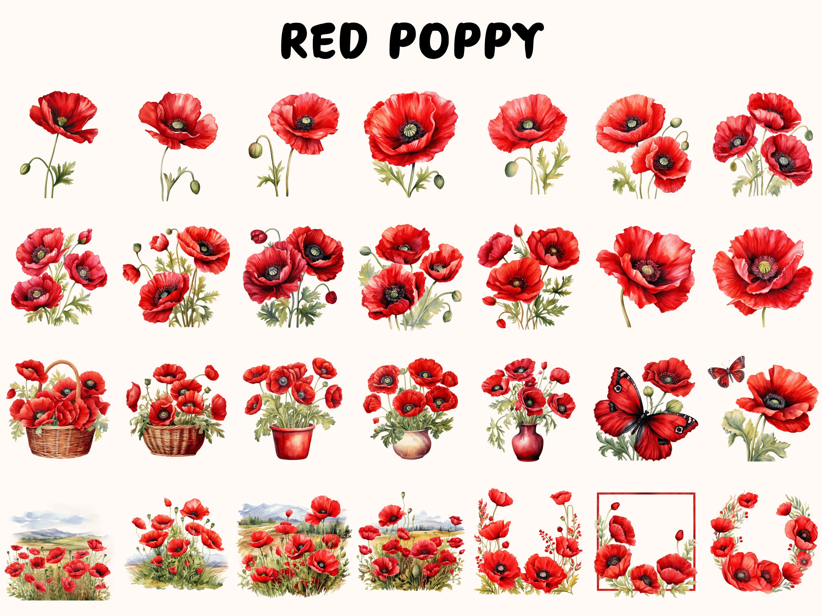 Poppy Clipart, Cute Spring Red Wild Flower Watercolor Clip Art, Floral ...