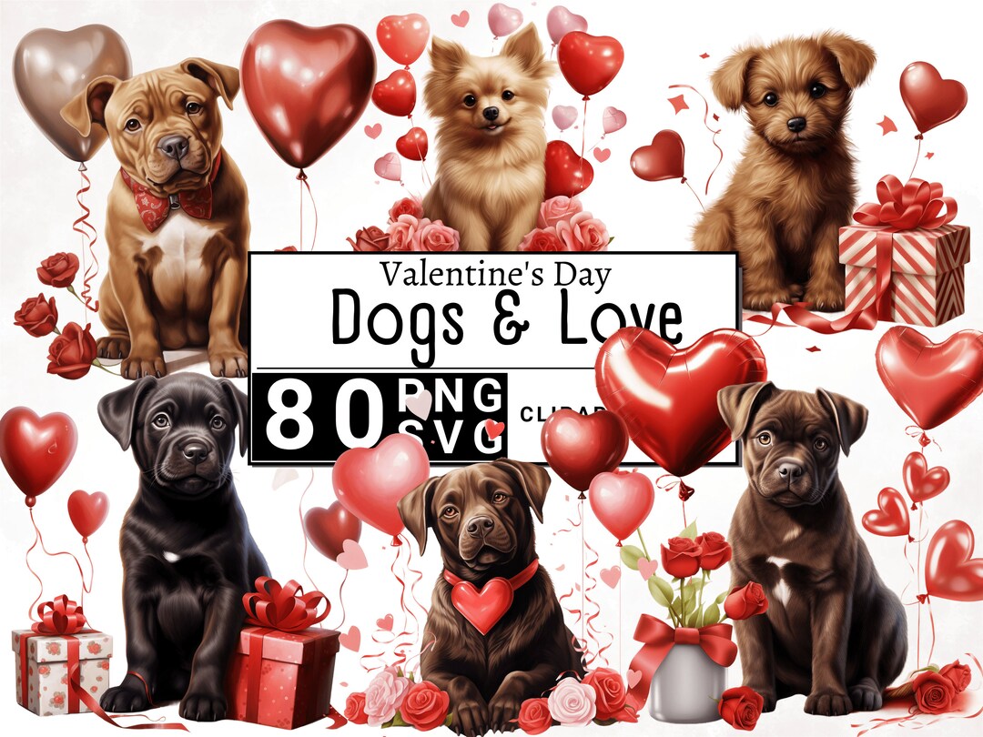 Valentines Day Dog Clipart, Watercolor Puppy Balloons and Roses Clip ...