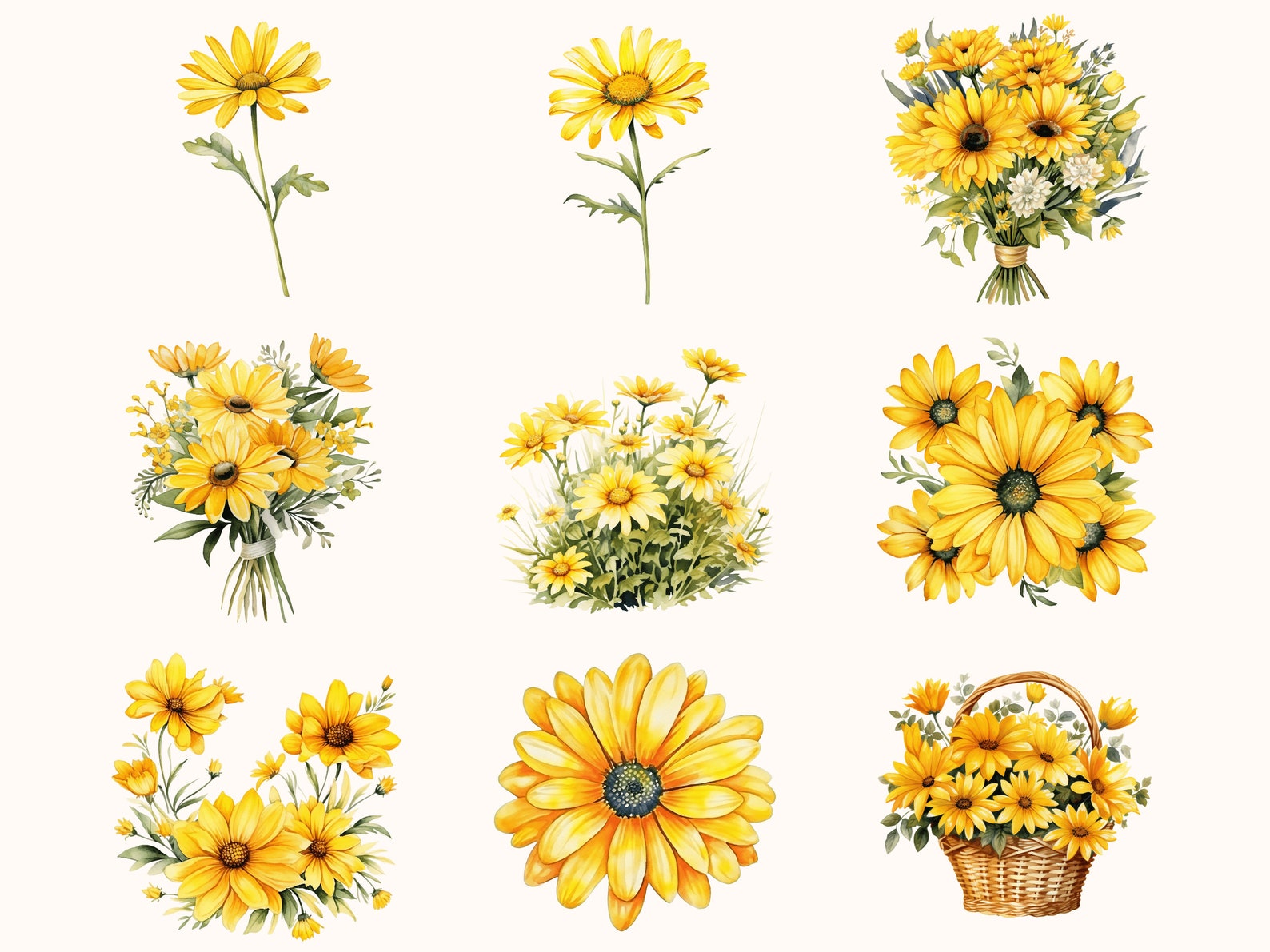 Yellow Daisy Clipart, Cute Flower Watercolor Marguerite Clip Art ...
