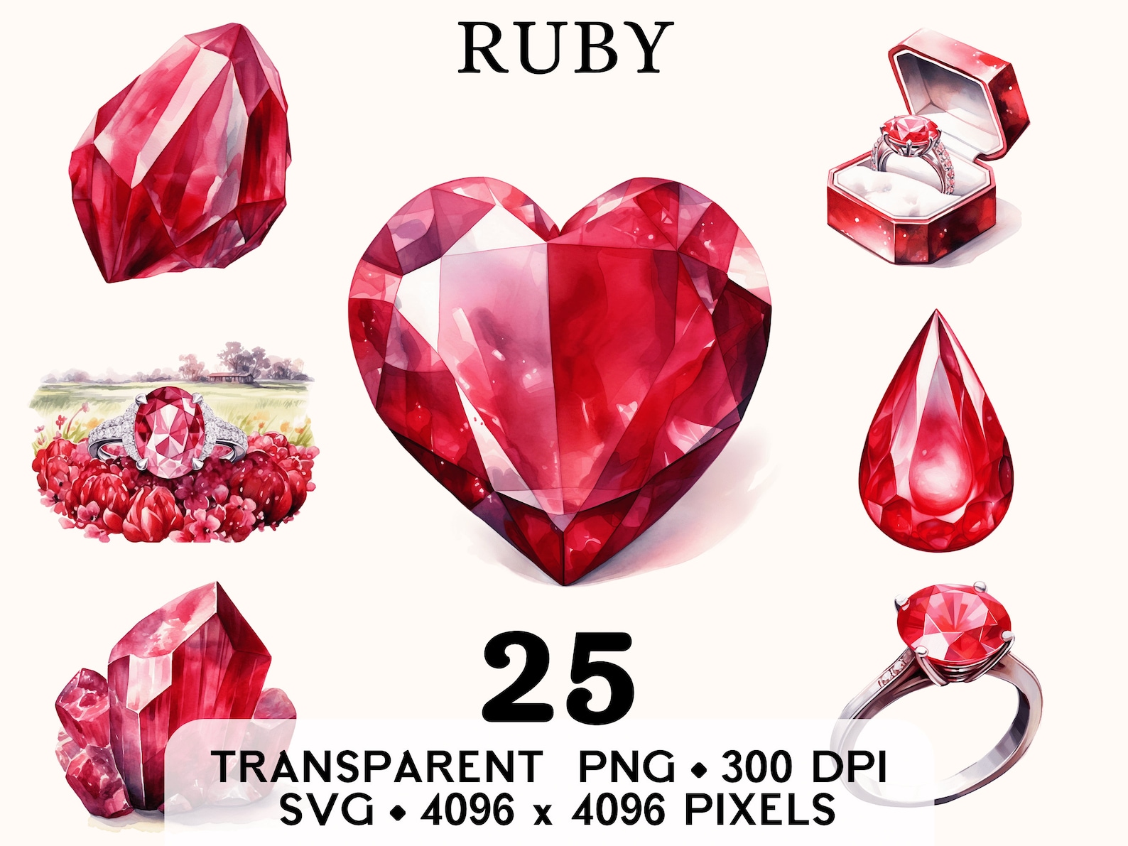 Ruby Clipart Watercolor July Birthstone, Wedding Ring Jewelry, Gemstone ...