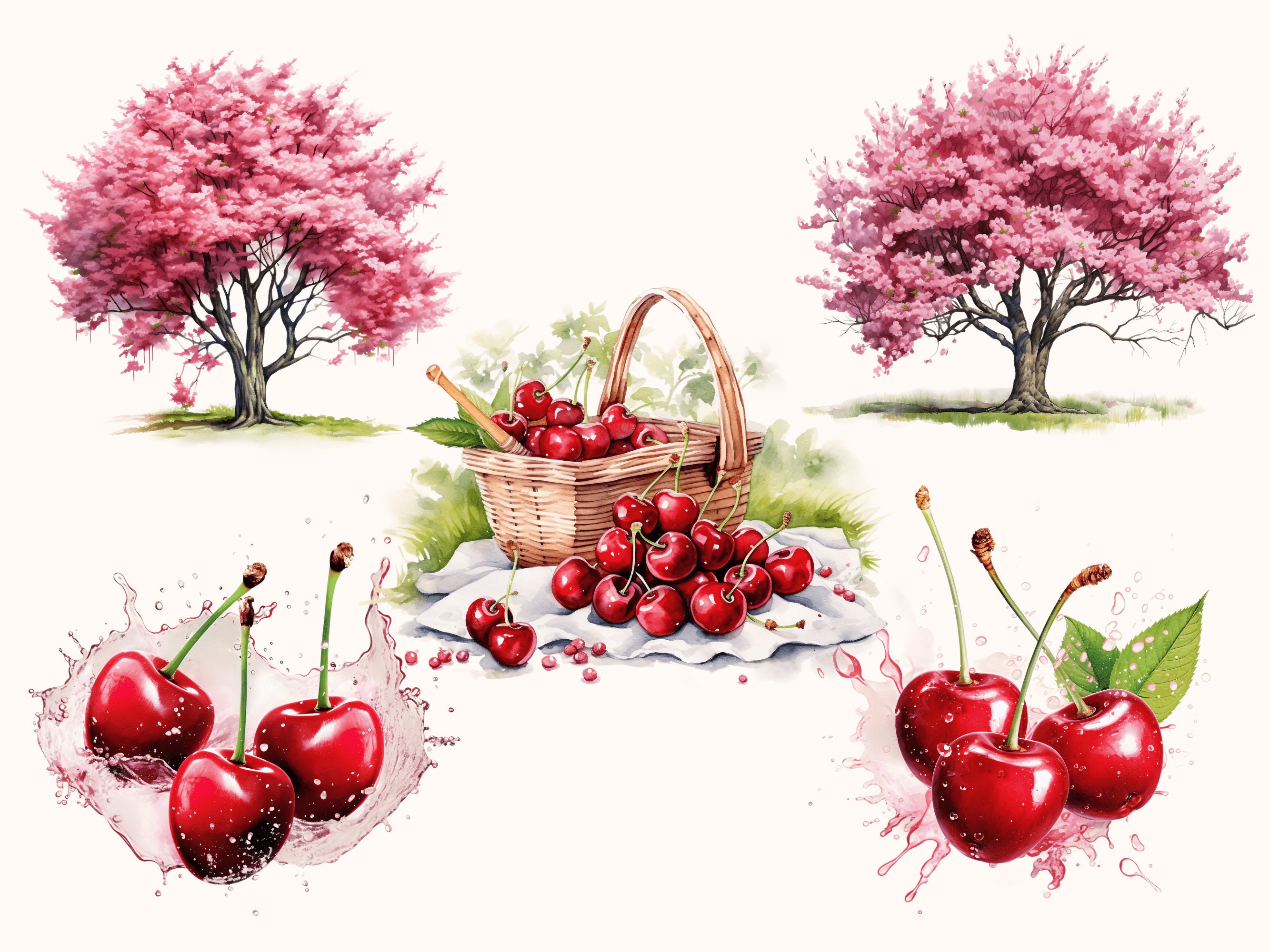 Cherry Clipart, Fruit Watercolor Cherry Tree Clip Art, Exotic Food ...