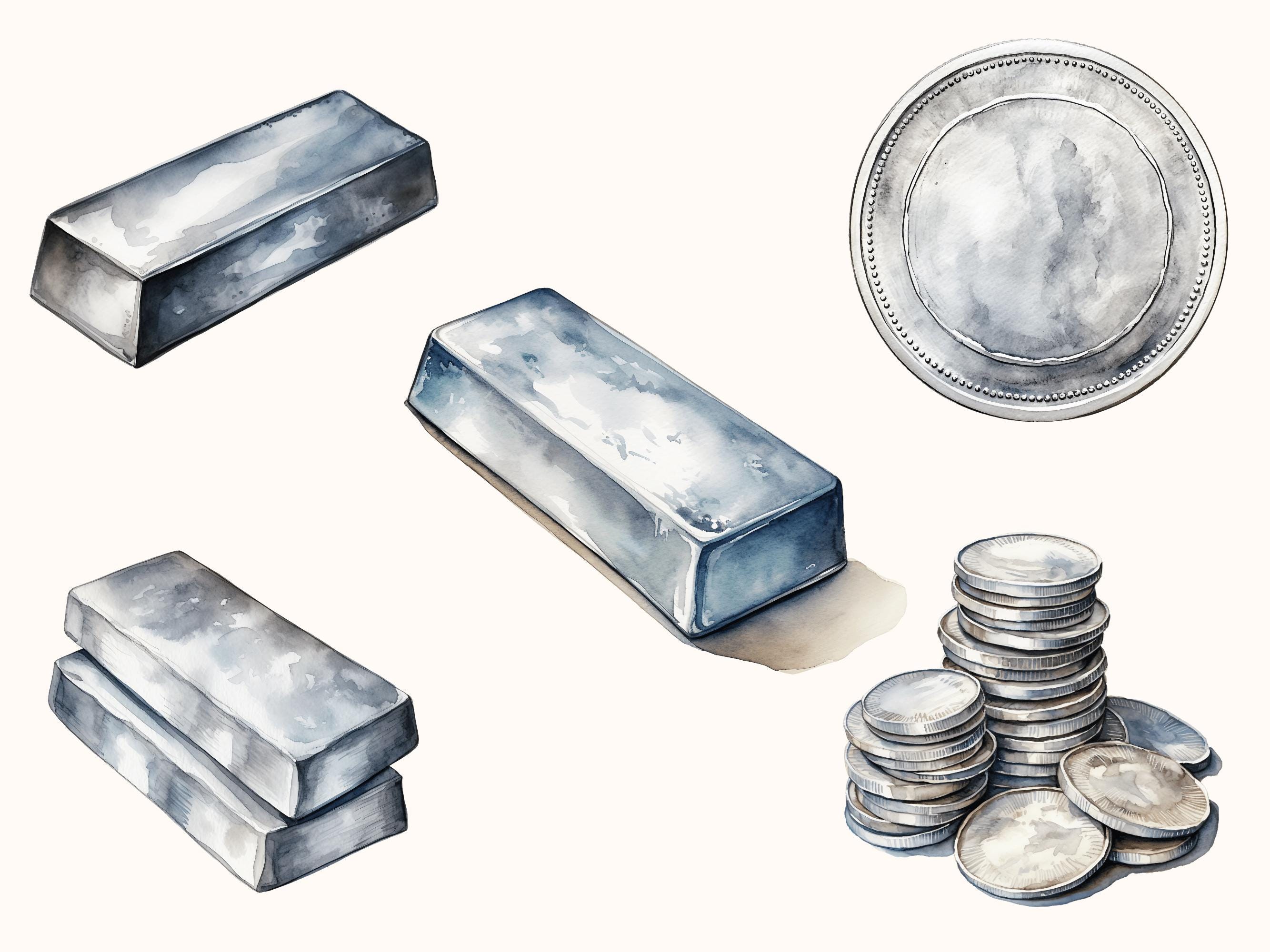 Silver Clipart Watercolor Coin Treasure Chest, Silver Bar Art, Wedding ...