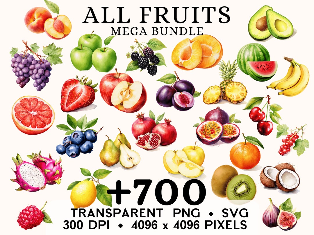 Bundle Fruits Clipart, Fruit Watercolor Flowers and Trees, Food Sticker ...