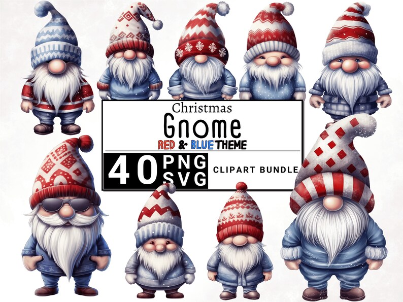 Christmas Gnome Clipart, Red and Blue Cute Gnome Watercolor, Xmas ...