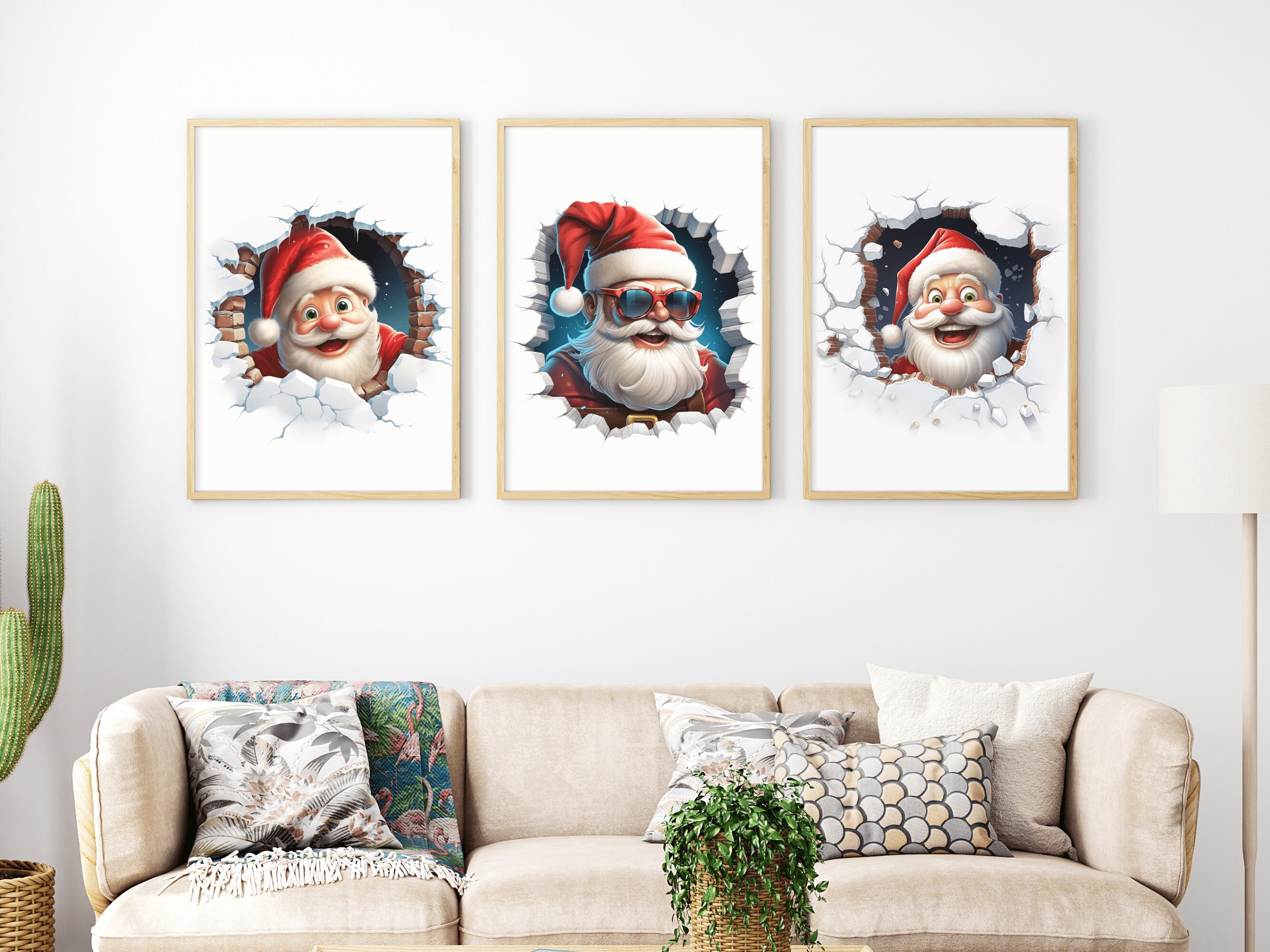 Funny 3D Santa Peeking Christmas Break Clipart, Watercolor Xmas Crack ...