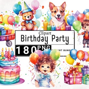 Watercolor Birthday Party Clipart, Cool Cake, Balloons, Present Clip ...