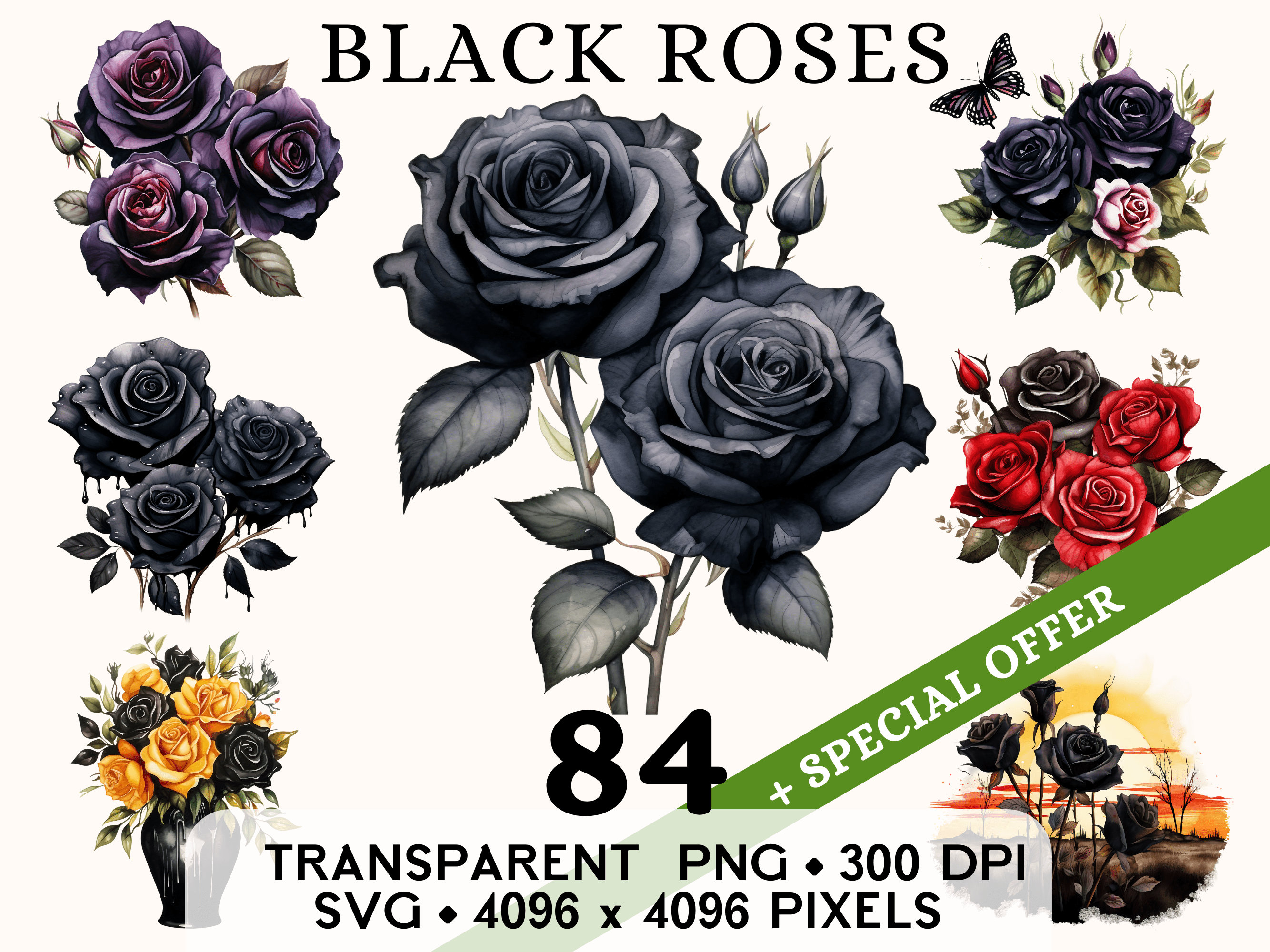 Black Rose Clipart, Cute Gothic Dark Flower Watercolor Clip Art, Floral ...