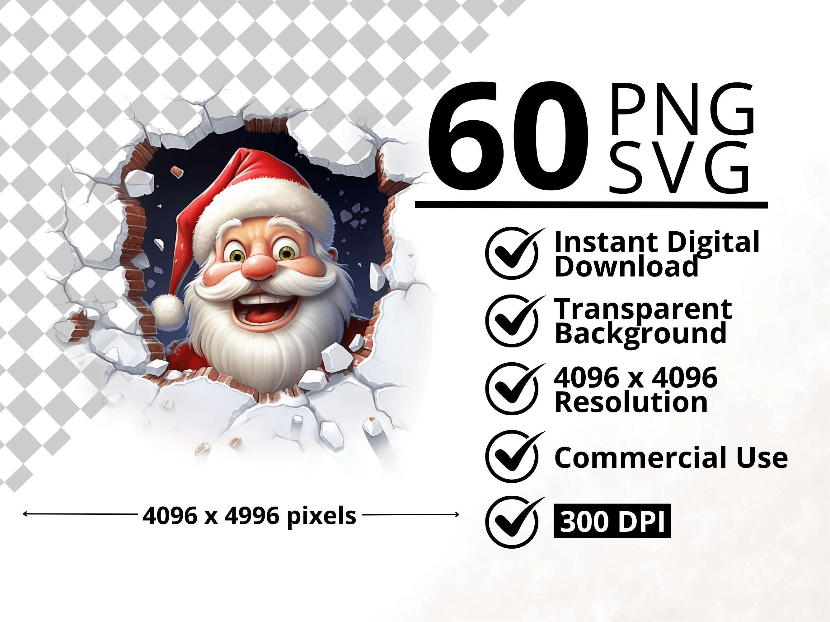Funny 3D Santa Peeking Christmas Break Clipart, Watercolor Xmas Crack ...